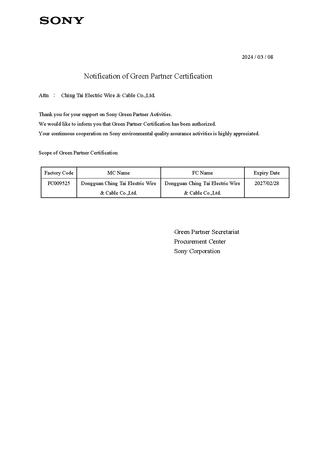 Certificate | CTi wire & cable